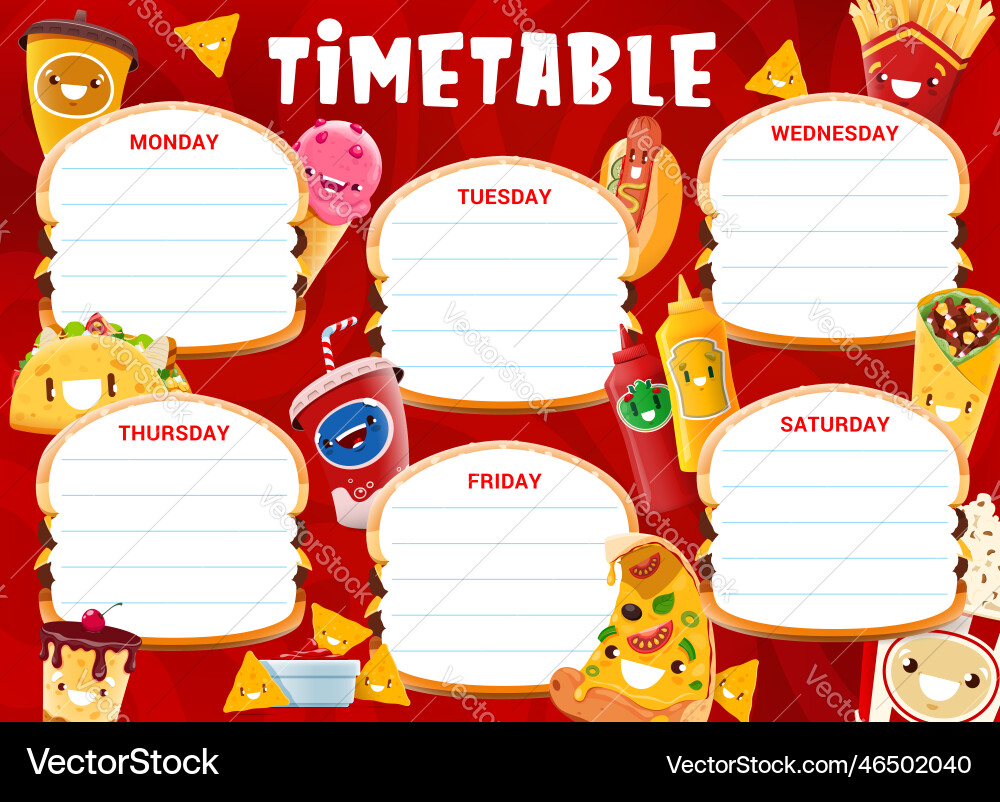 School timetable schedule plan cartoon fast food Vector Image
