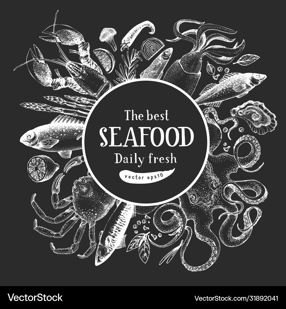 Hand drawn seafood design template crabsfishes Vector Image