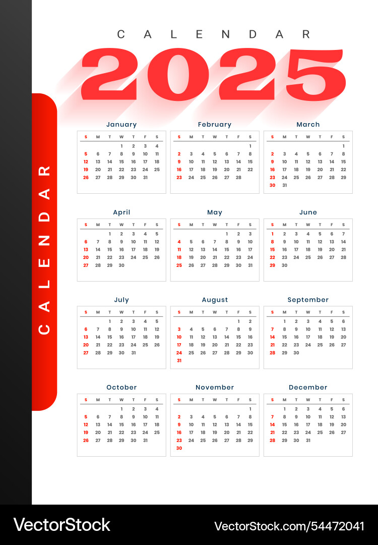 Red white 2025 annual calendar template Royalty Free Vector