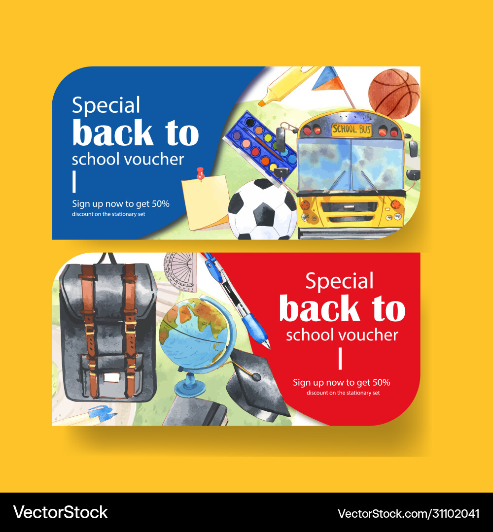 School voucher design with flag bus globe Vector Image
