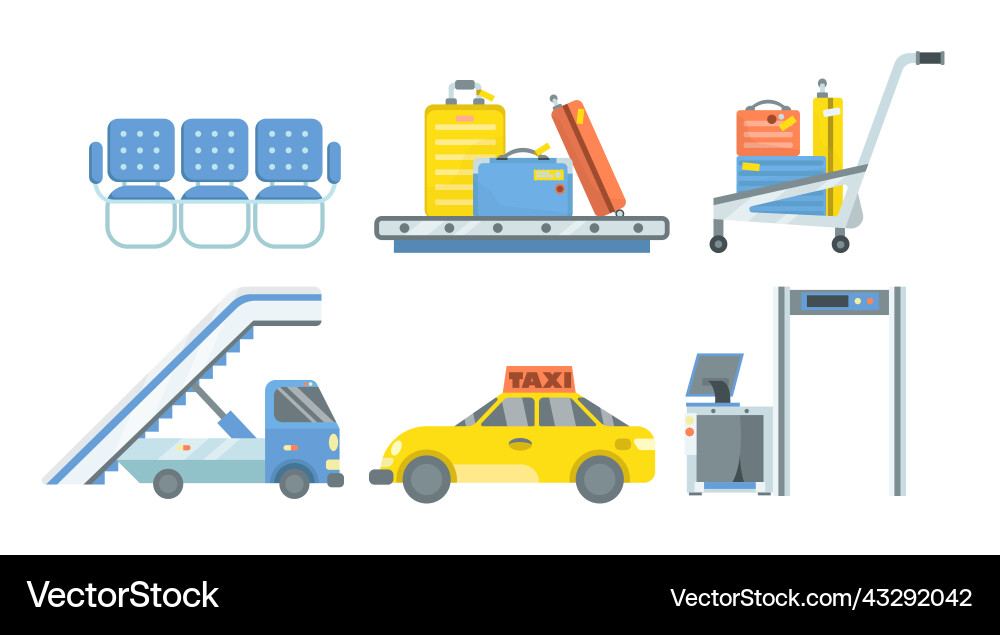 Airport terminal elements cartoon set Royalty Free Vector