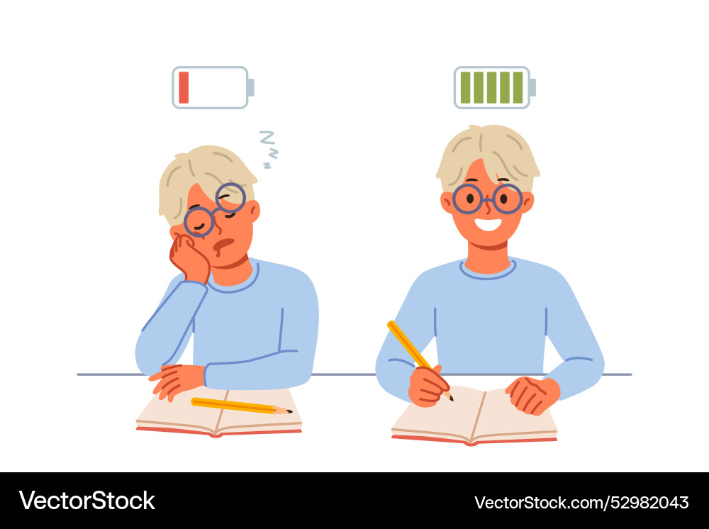 Exhausted schoolboy doing homework showing Vector Image
