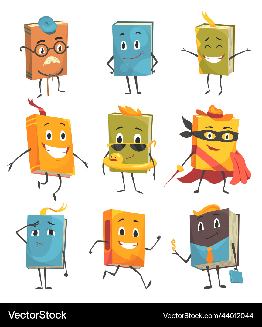 Books characters set cute cartoon faces Royalty Free Vector