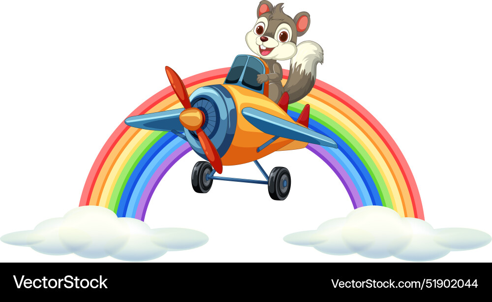 Squirrel in airplane soaring above rainbow Vector Image