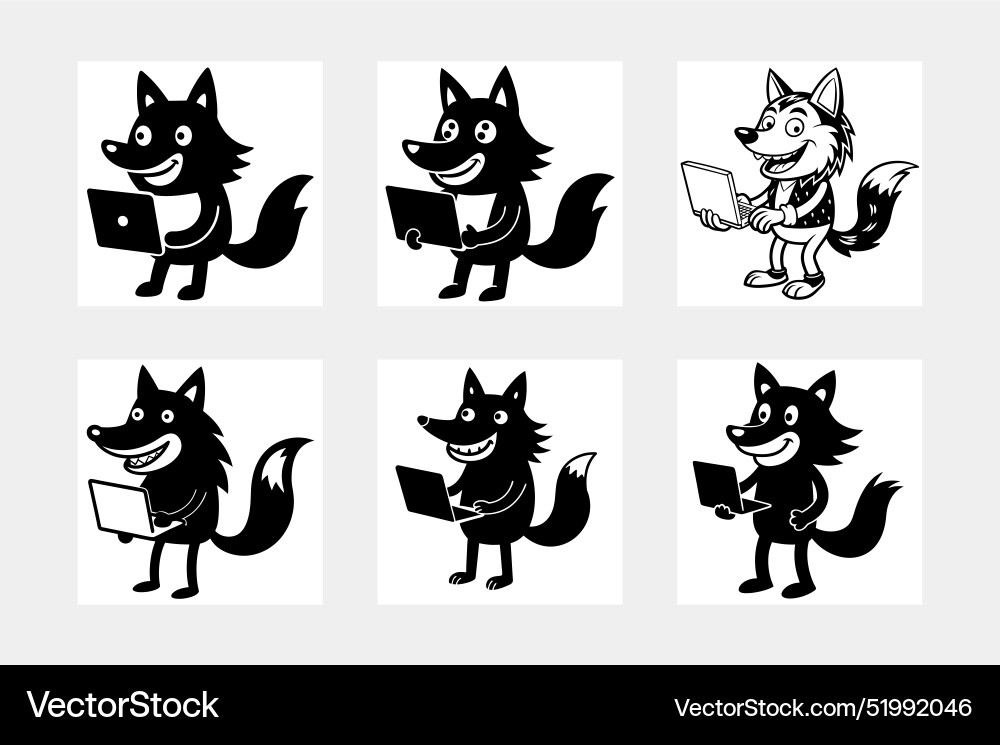 Cartoon happy wolf laptop Royalty Free Vector Image