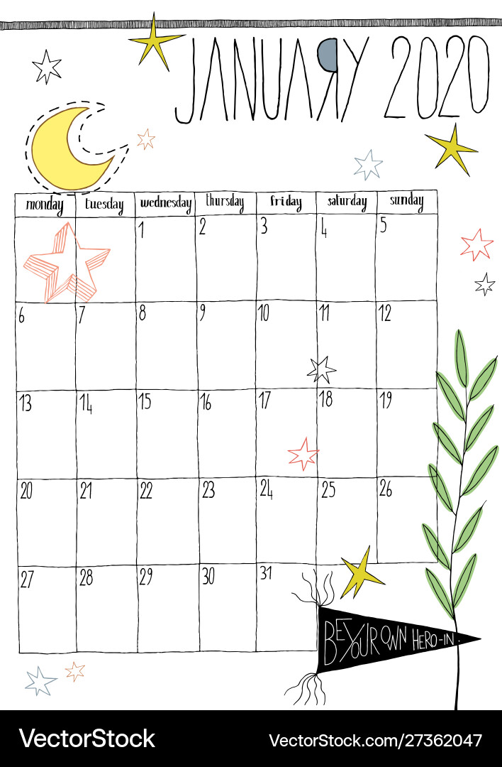 A calendar january 2020 with doodles Royalty Free Vector
