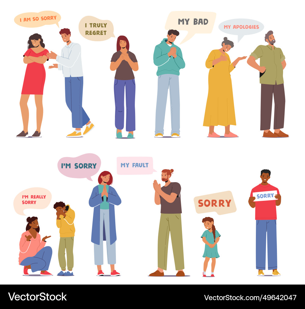 Characters express remorse saying sorry Royalty Free Vector