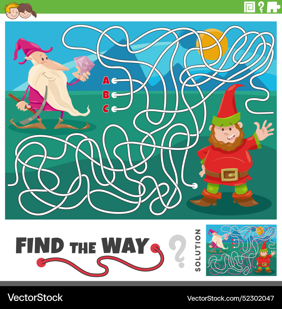 Maze activity game with cartoon dwarf fantasy Vector Image