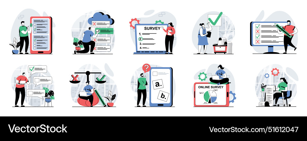 Online survey web concept with people scenes mega Vector Image