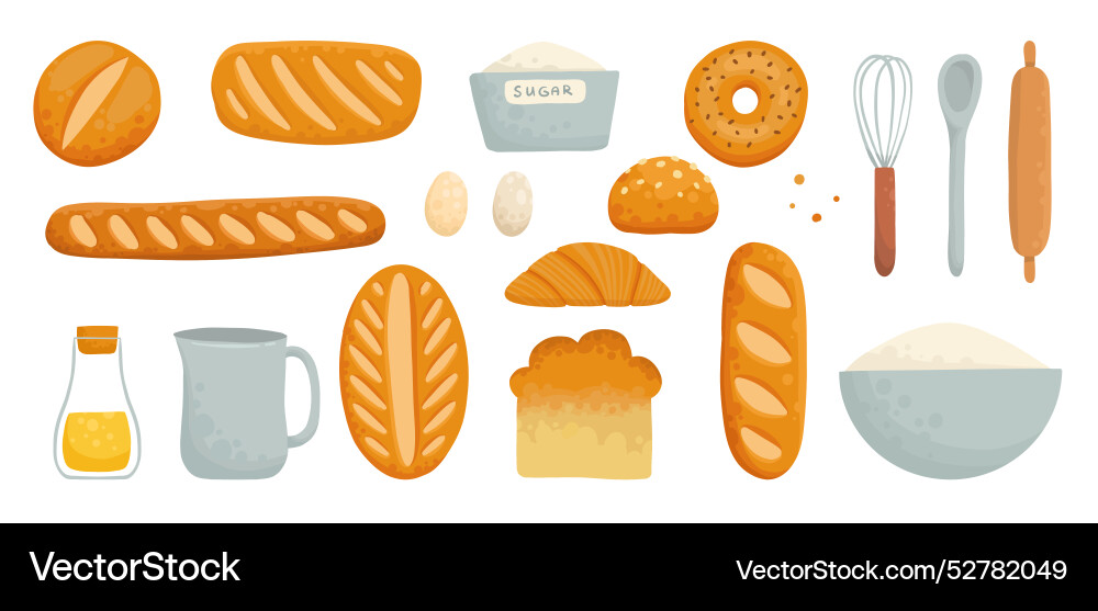 Baking ingredients cartoon kitchen tools and food Vector Image