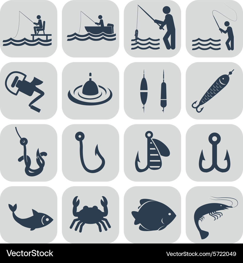 Fishing icons in single color Royalty Free Vector Image
