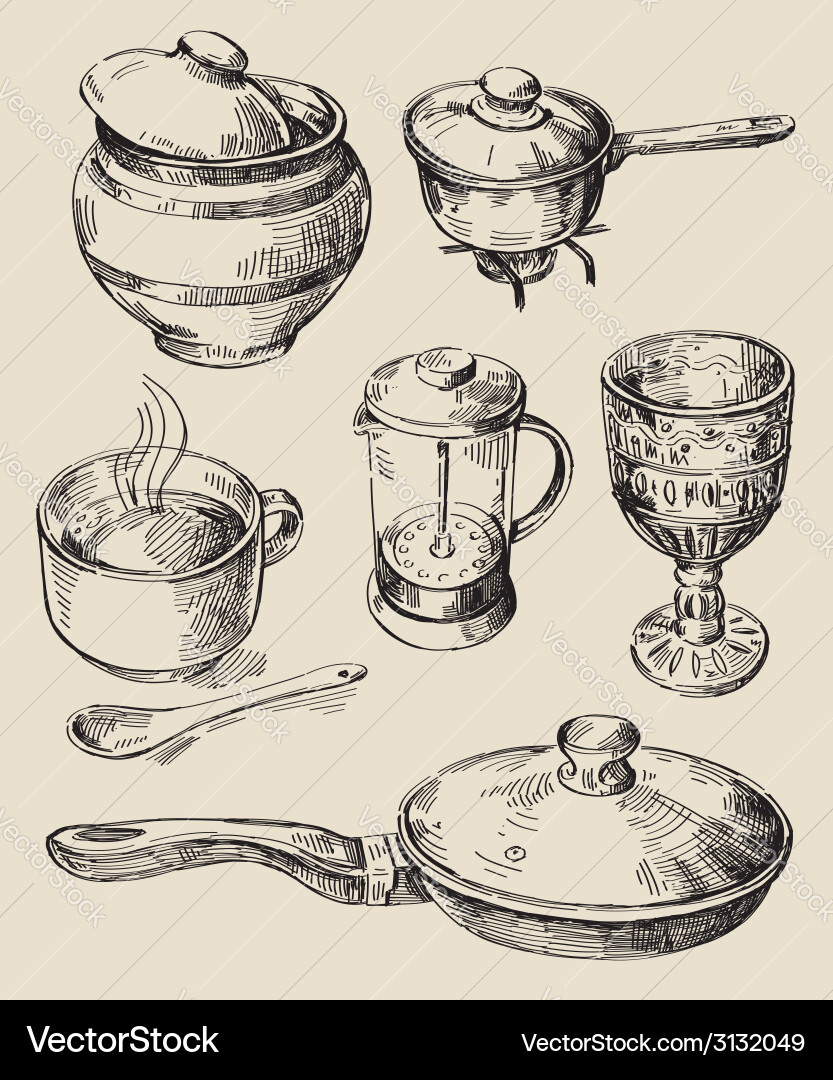 Hand drawn kitchen set Royalty Free Vector Image