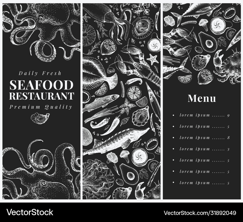 Hand drawn seafood design template crabsfishes Vector Image