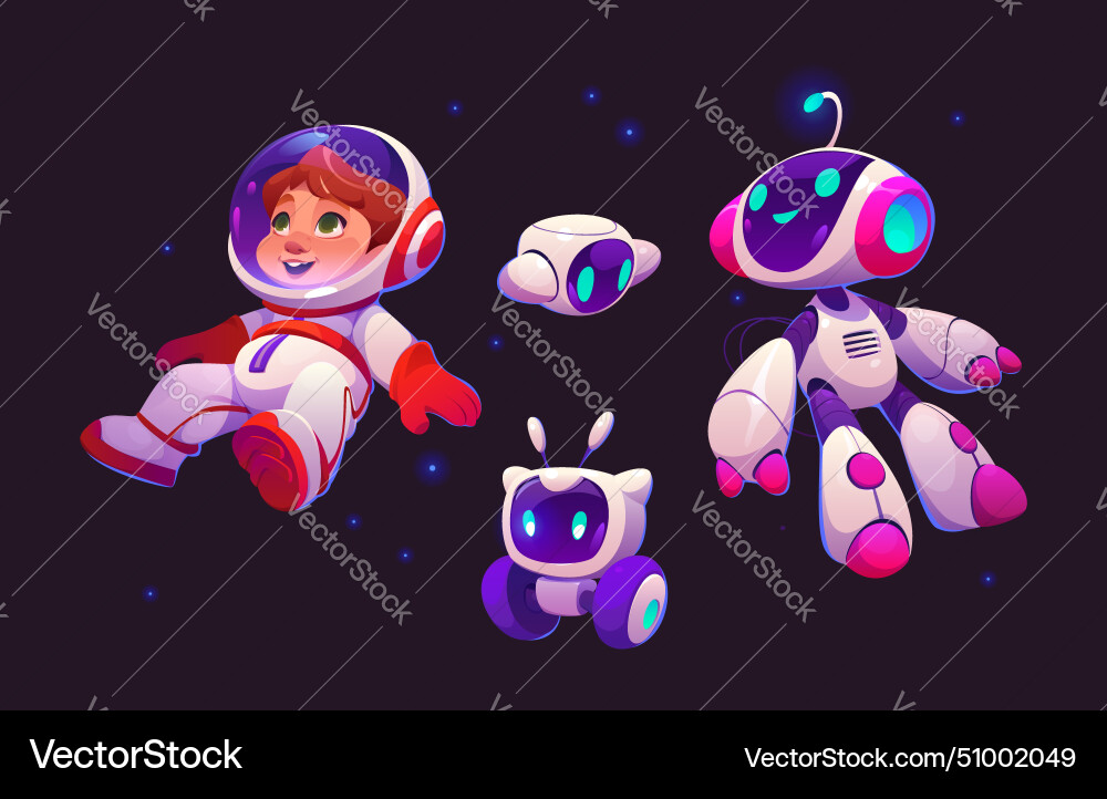 Kid astronaut and cosmonaut robots in outer space Vector Image