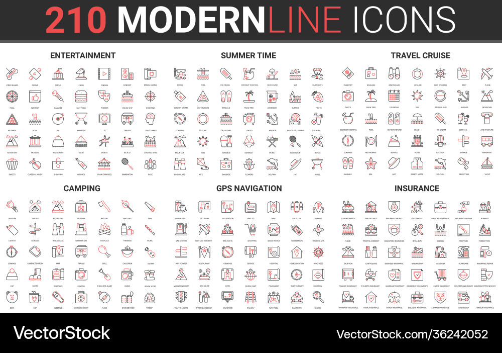210 modern red black thin line icons set Vector Image