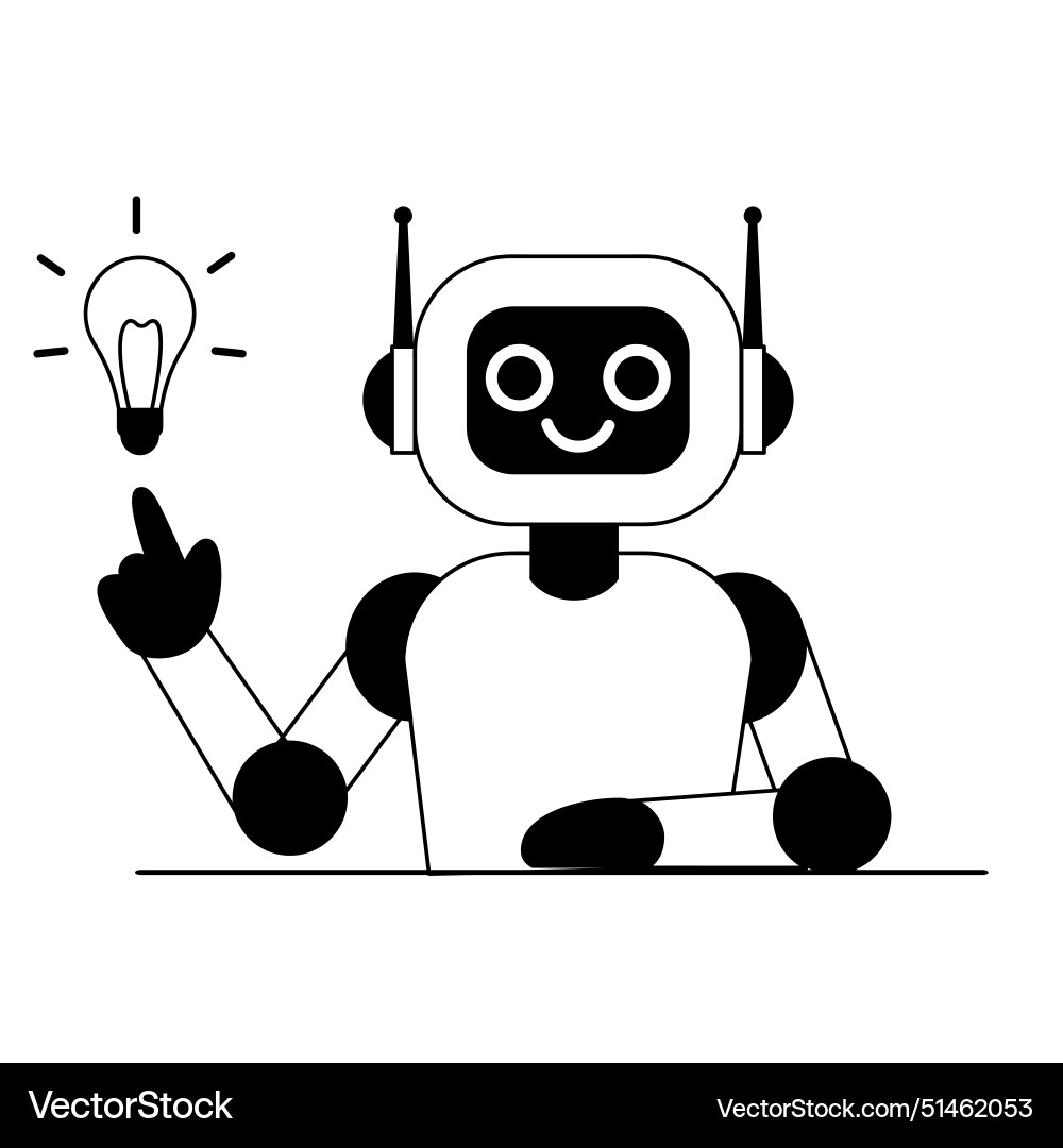 Robot points to the light bulb and develops Vector Image