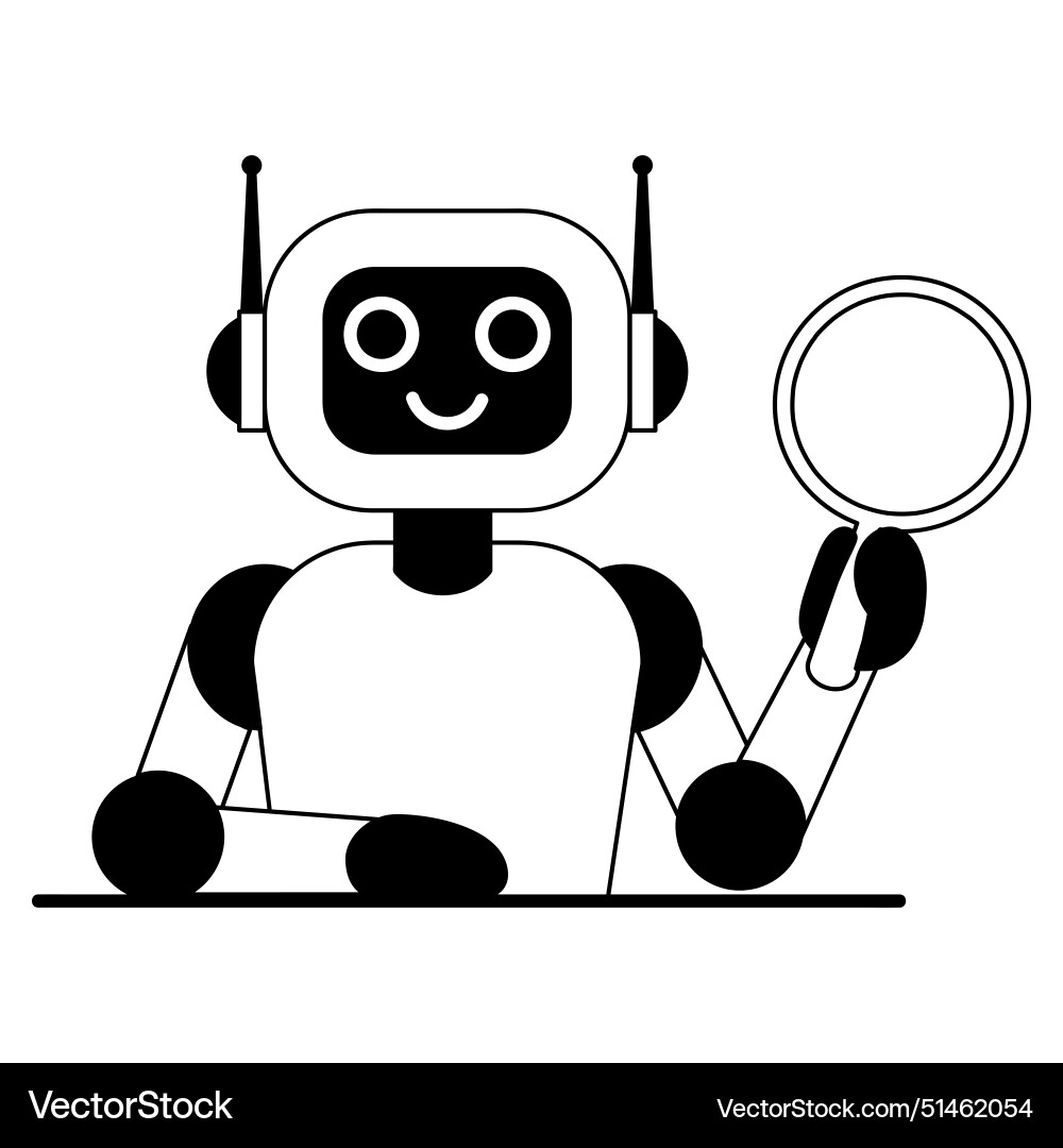 Cute robot is holding a magnifying glass Vector Image