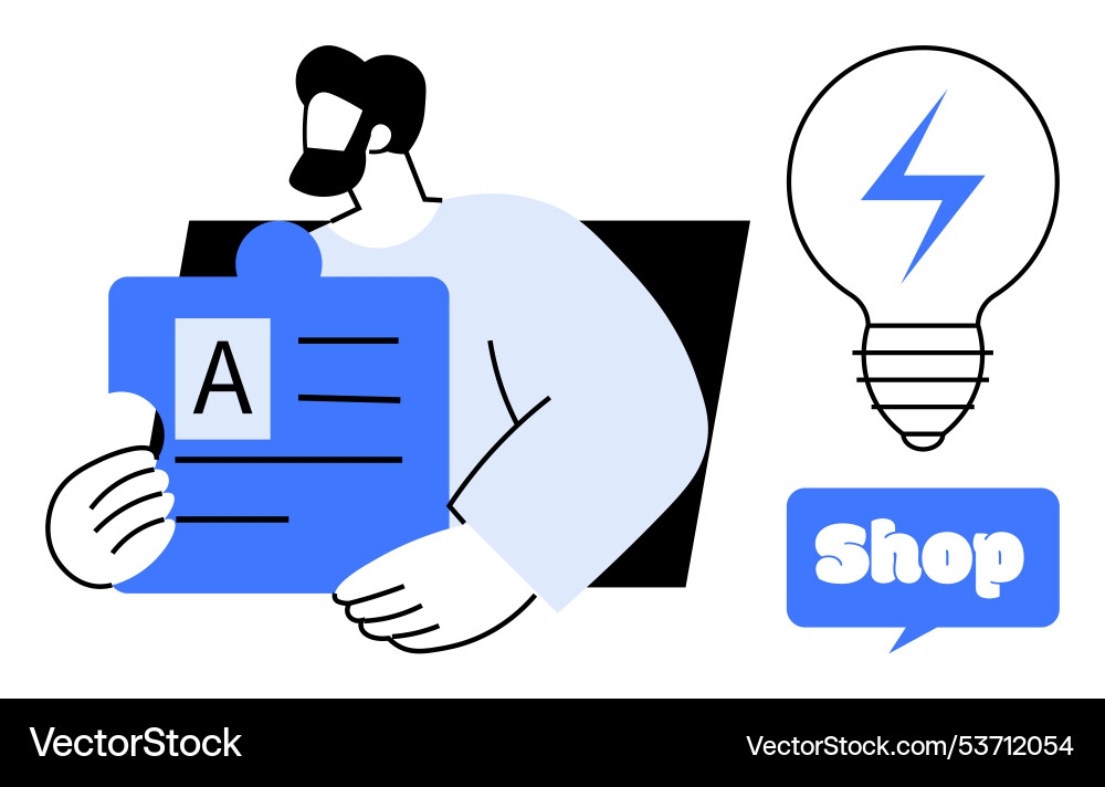 Man holding document with light bulb and shop icon