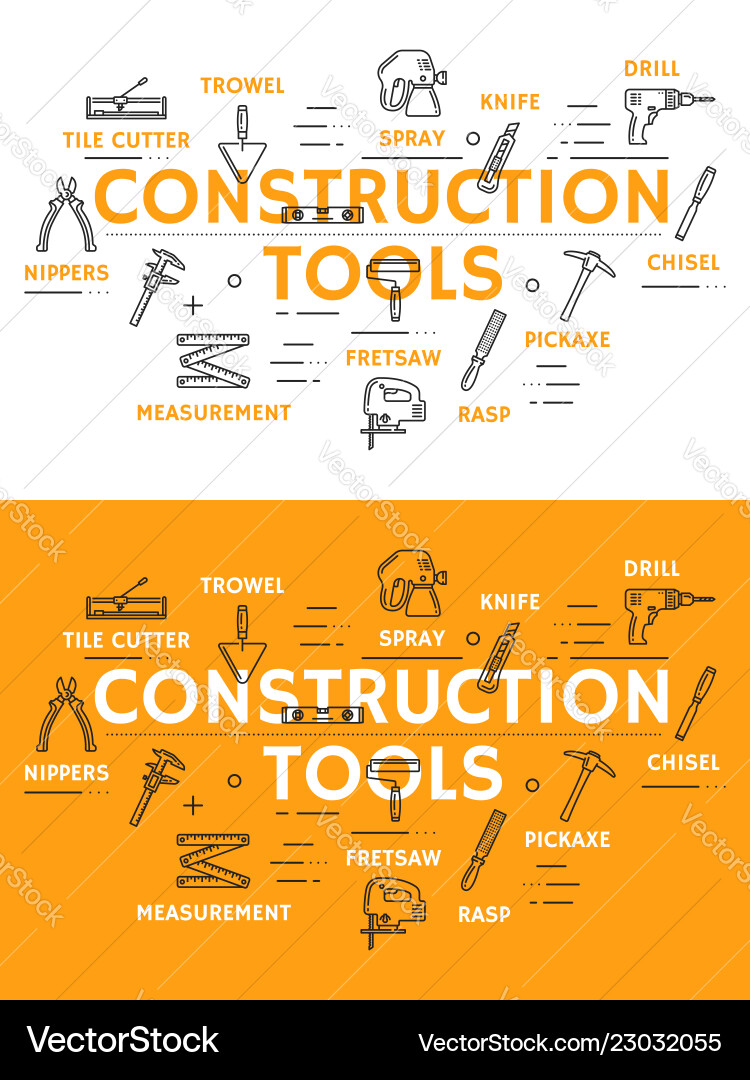Construction tools posters with outline symbols Vector Image