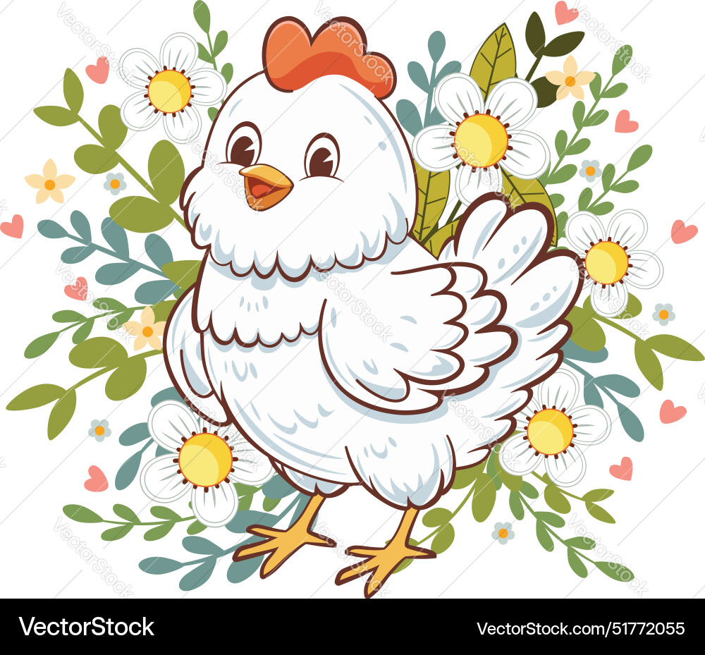 Happy hen with flowers Royalty Free Vector Image