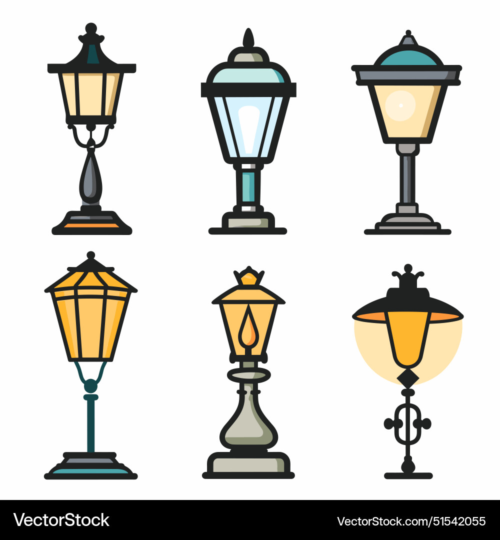 Six different street lamps cartoon Royalty Free Vector Image