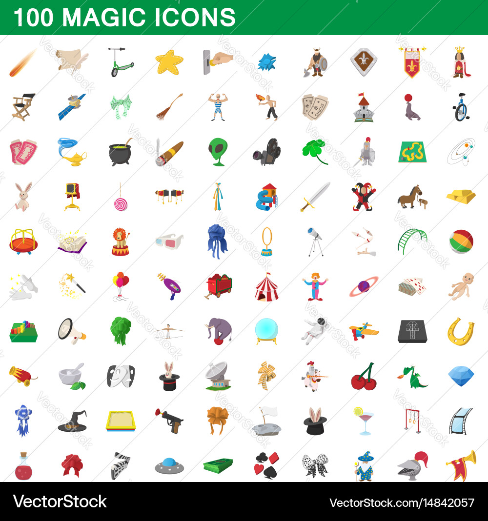 100 magic icons set cartoon style Royalty Free Vector Image