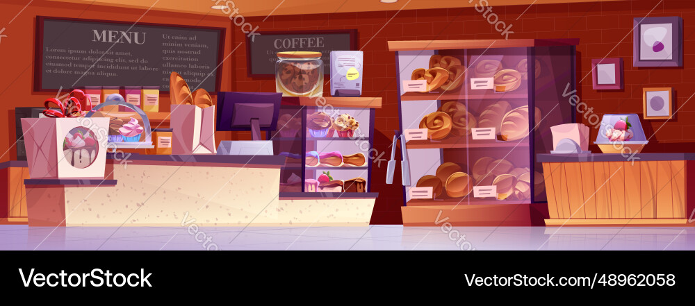 Bakery shop interior with counter cartoon Vector Image