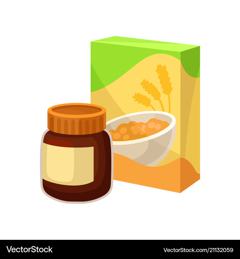 Cardboard box of corn flakes and jar chocolate Vector Image