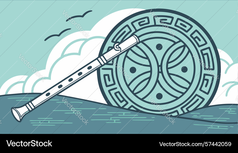 Flute with intricate celtic shield ancient music Vector Image