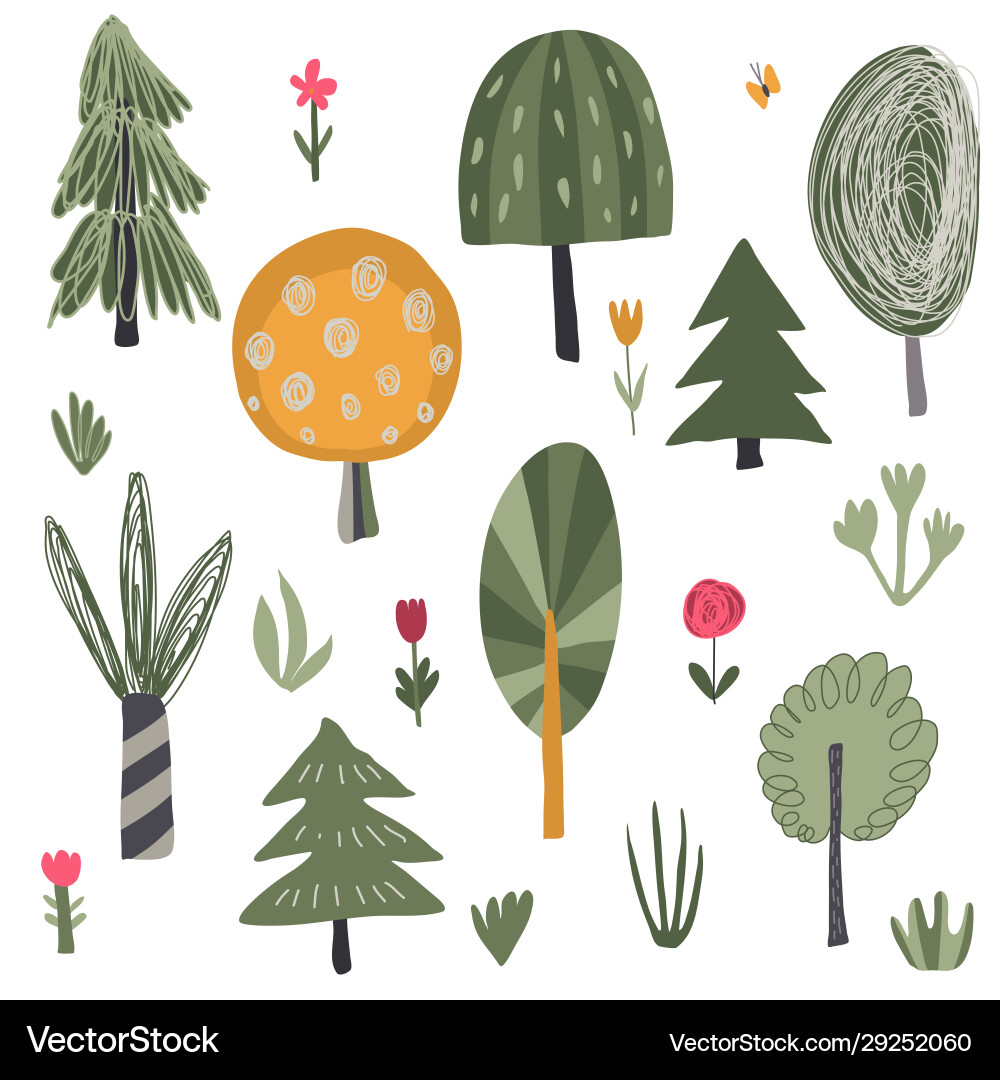 Collection hand drawn forest and garden Royalty Free Vector