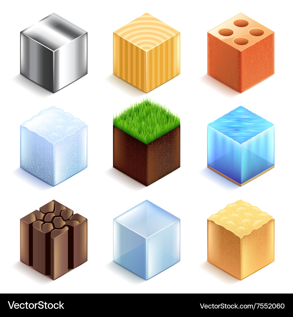 Materials and textures cubes icons set Royalty Free Vector