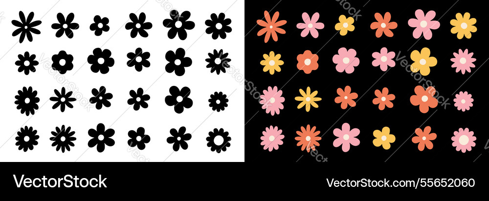 Retro Daisy Flower Set - Black Icons Royalty Free Vector