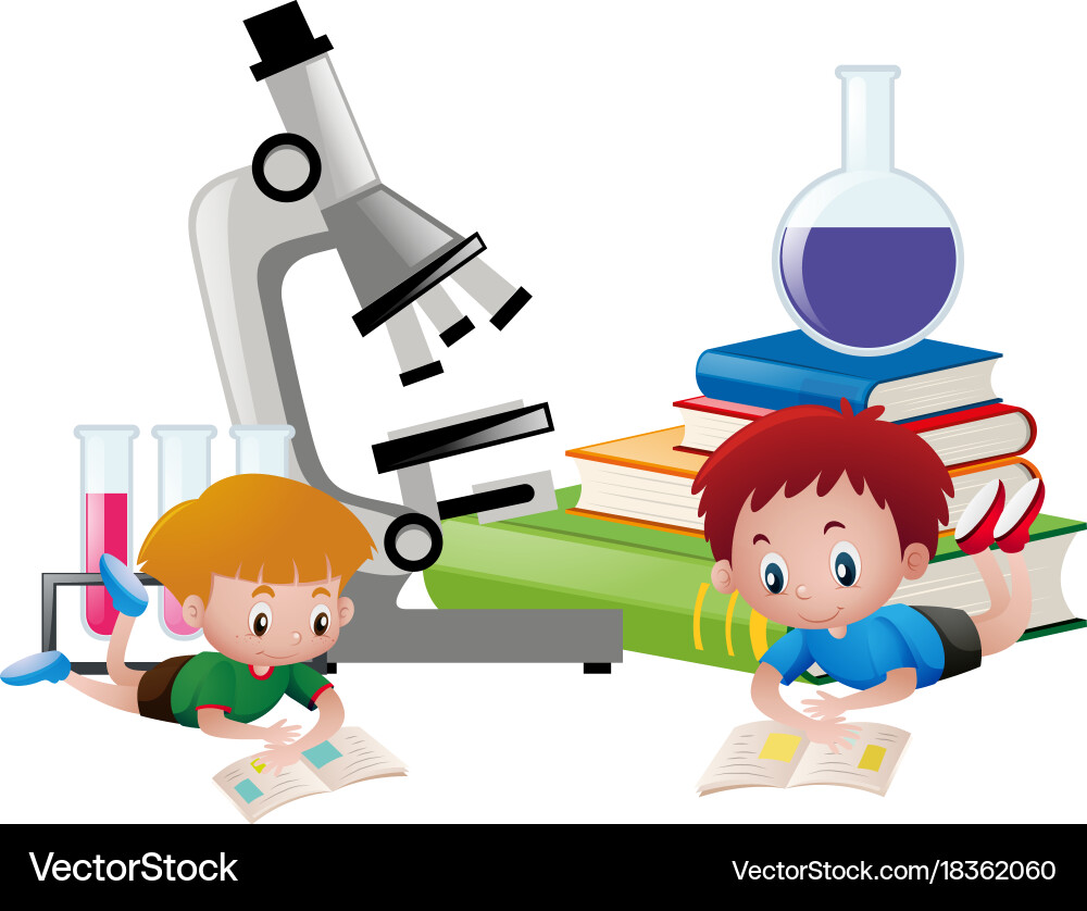 Two boys reading books and science equipments Vector Image