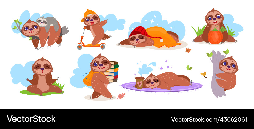 Flat cute sloth sleeping riding a scooter doing Vector Image