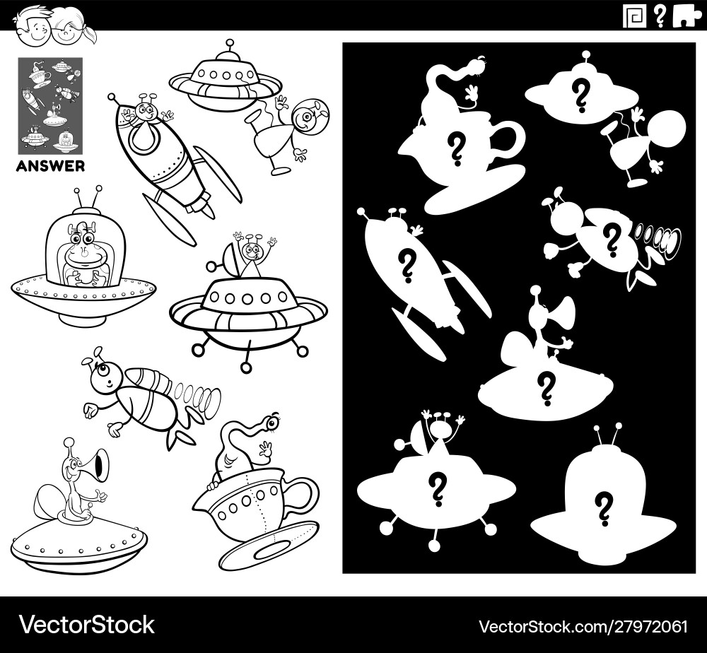 Matching shapes game with aliens coloring book Vector Image