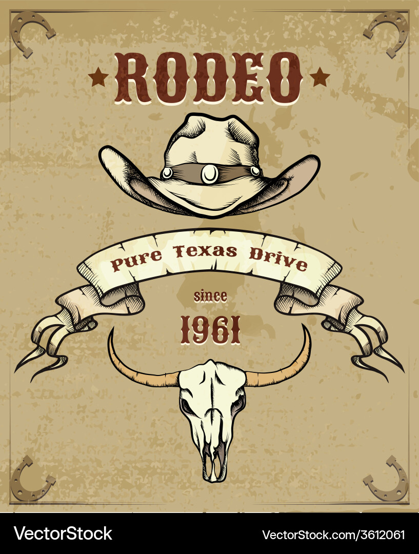 Rodeo themed graphic with cowboy hat and skull Vector Image