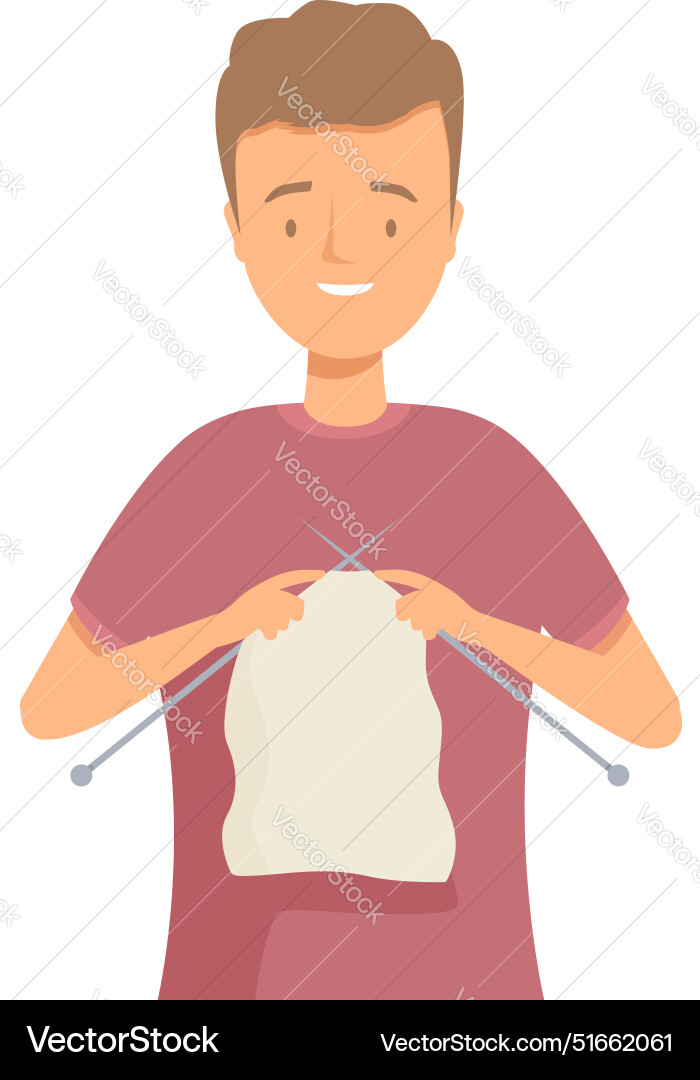 Smiling young man knitting with wool and needles Vector Image