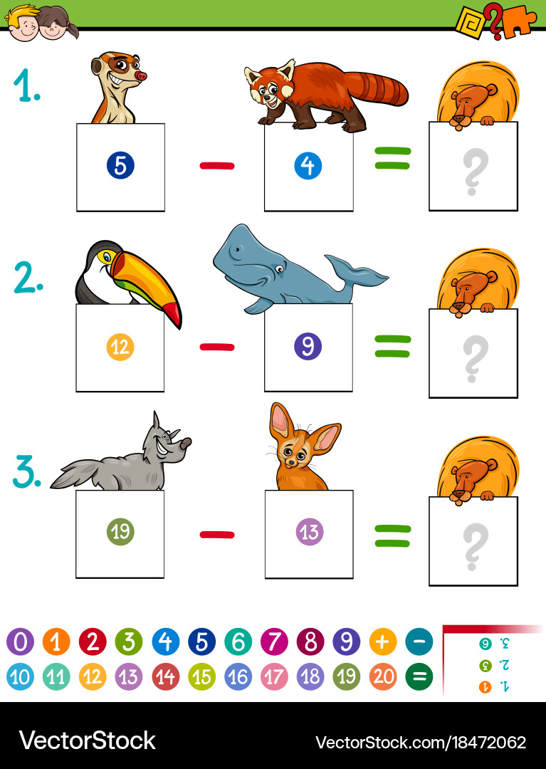 Maths subtraction game with cute animals Vector Image