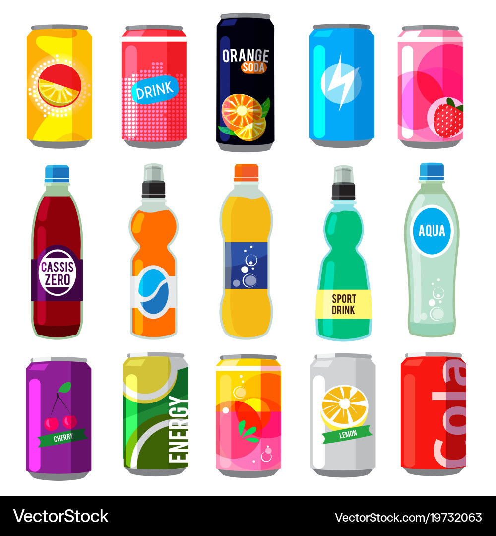 Fizzy drinks in glass bottles colored Royalty Free Vector