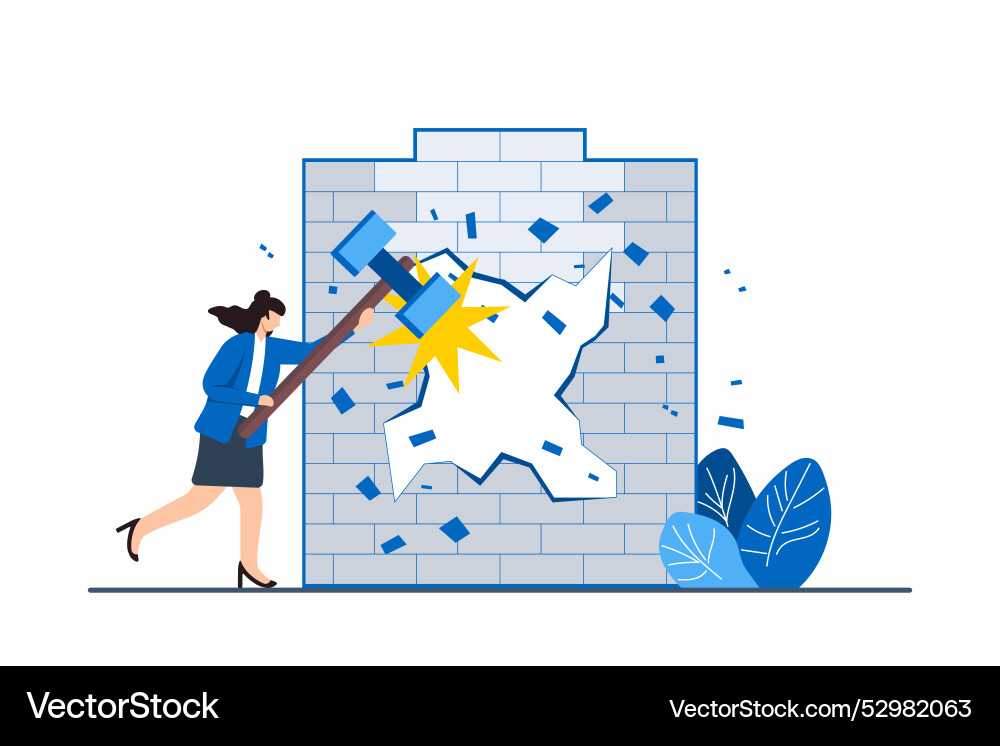 Flat of woman breaking through wall Royalty Free Vector