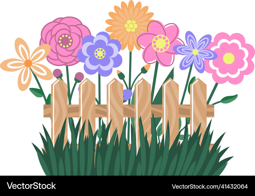 Cute Spring Flowers & Fence Royalty Free Vector Image