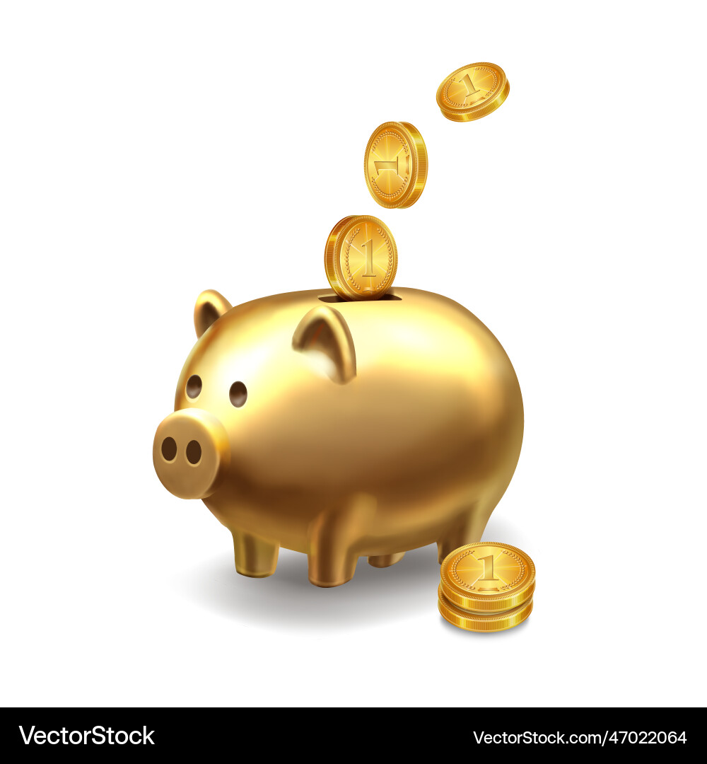 Gold 3d piggy bank with golden coins isolated Vector Image
