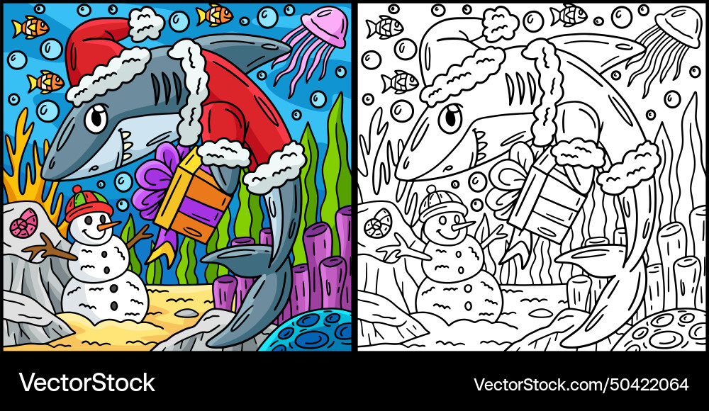 Santa shark coloring page colored Royalty Free Vector Image