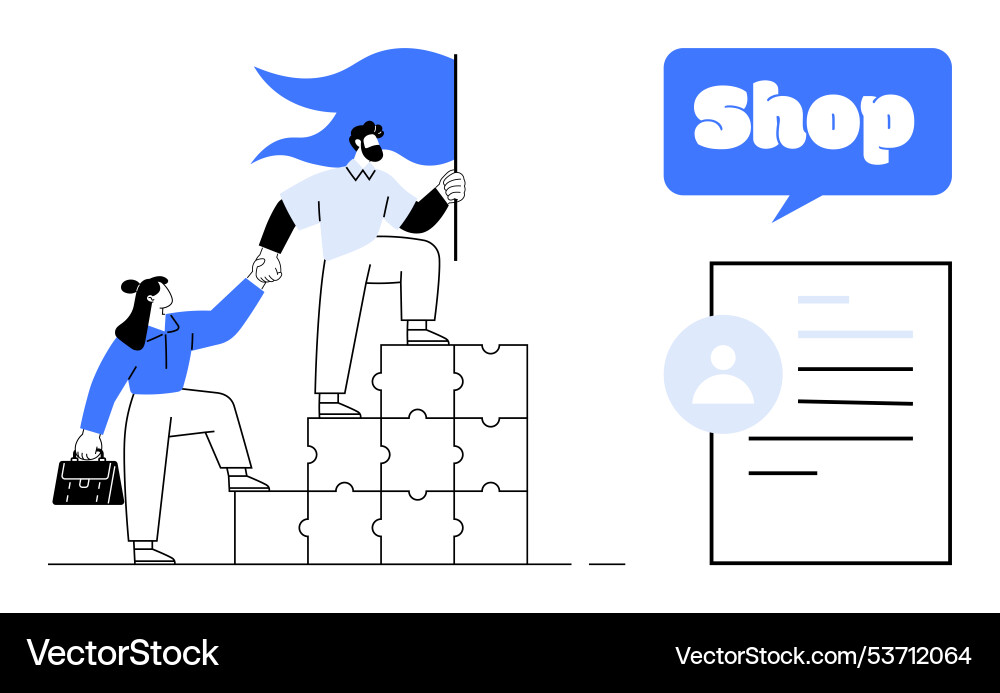 Two people achieving success together with a shop Vector Image