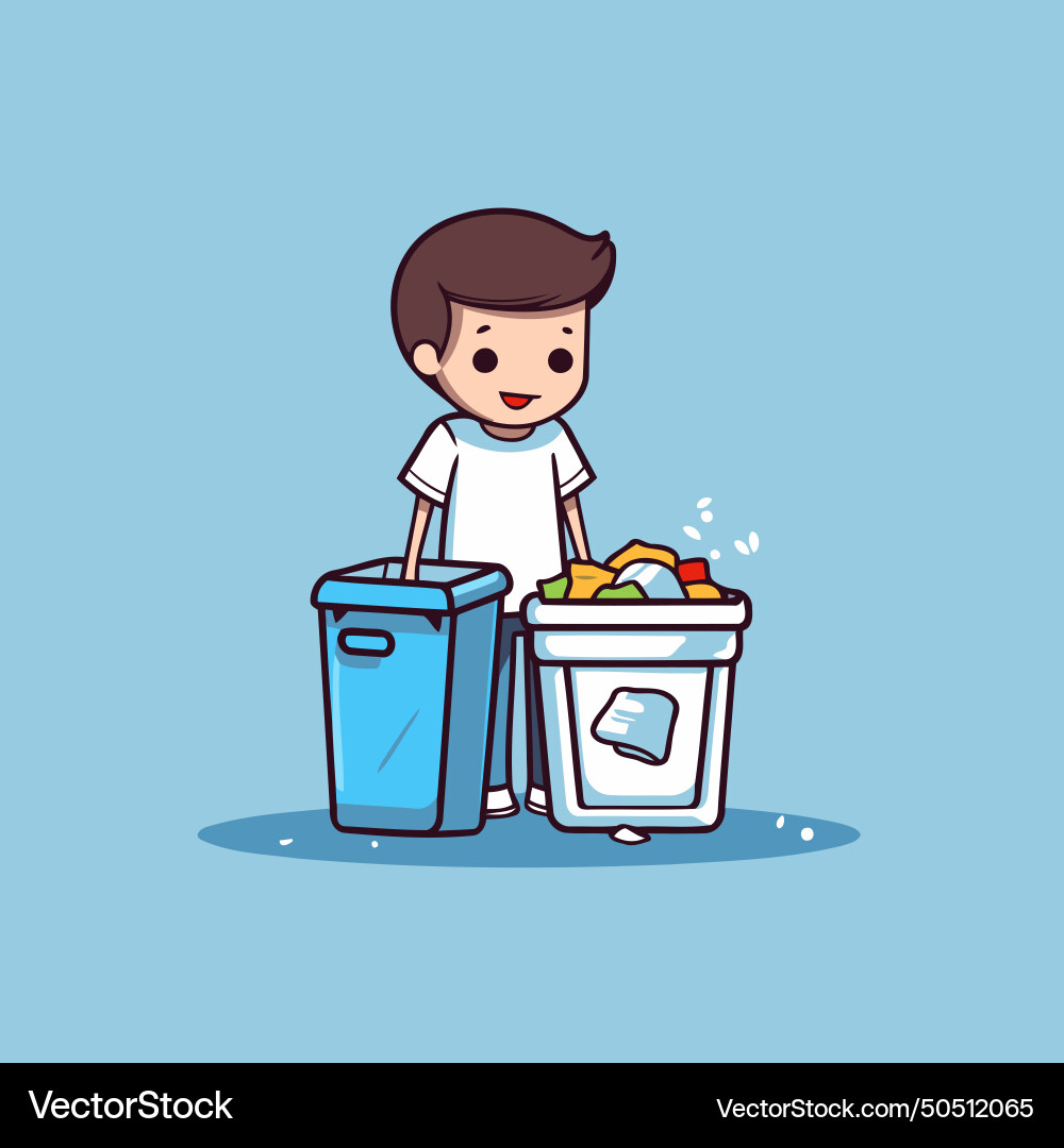 Boy throwing garbage in trash can cartoon Vector Image