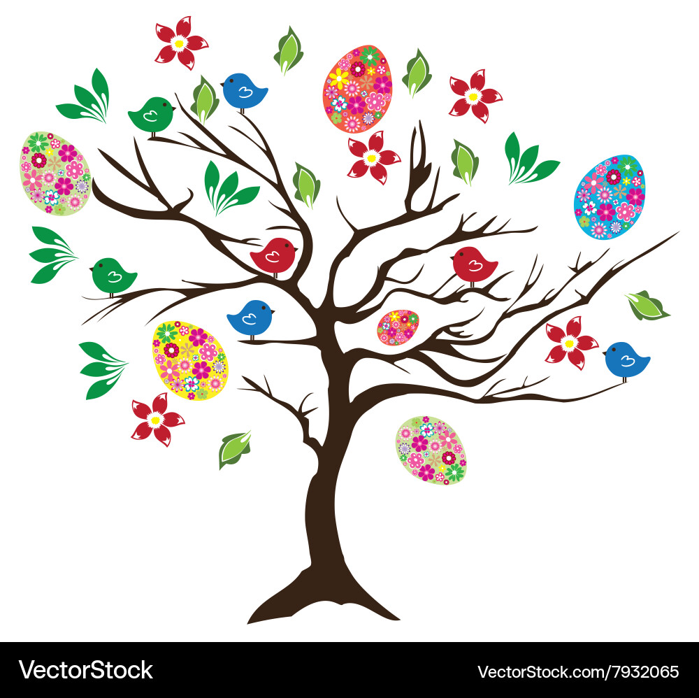 Colorful Easter Tree with Eggs and Birds Vector Image