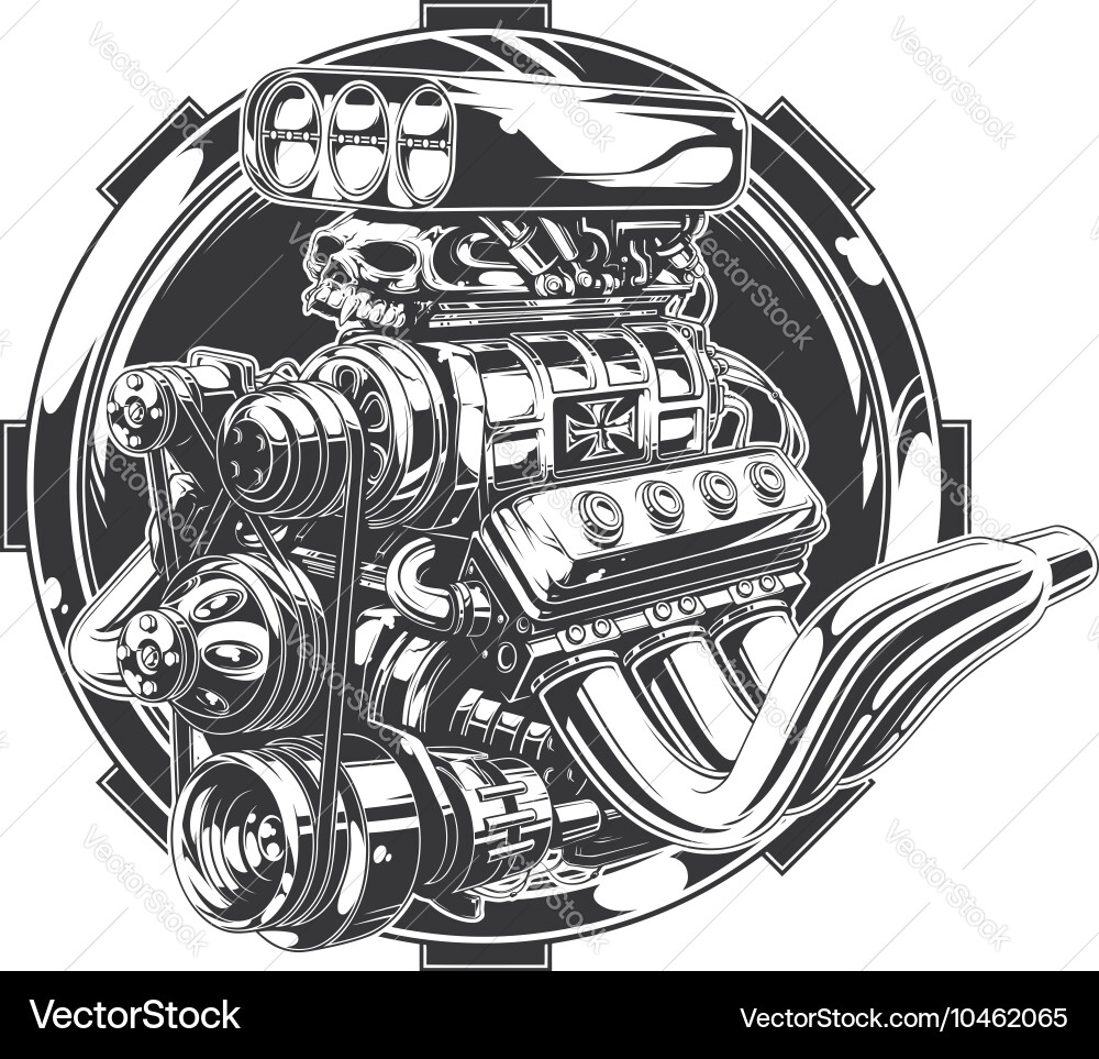 Cool detailed hot road engine with skull tattoo Vector Image