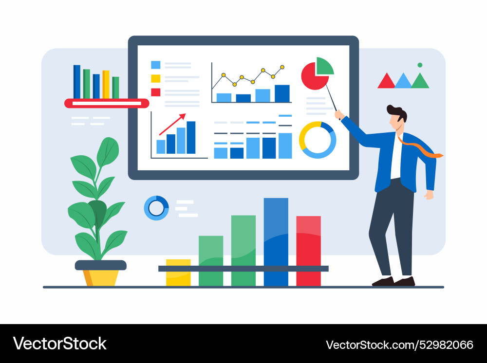 Flat of man analyzing market trends through data Vector Image
