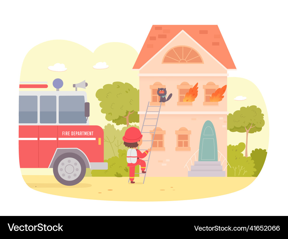 Kid firefighter working in emergency fire Vector Image