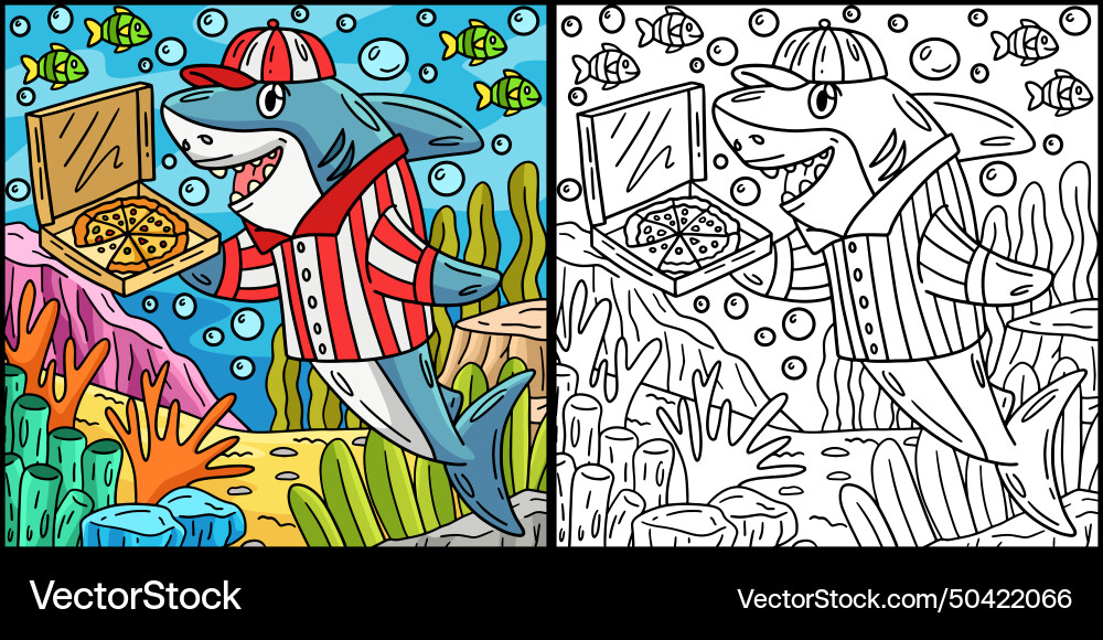 Pizza shark coloring page colored Royalty Free Vector Image